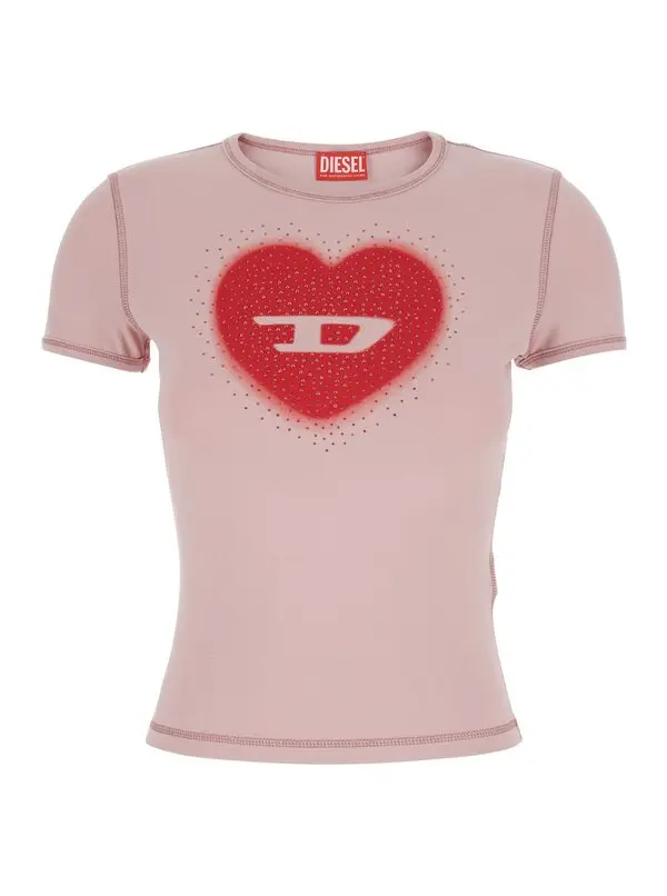 DIESEL® Round Neck Cotton T-shirt With Embellished Heart Detail - Pink