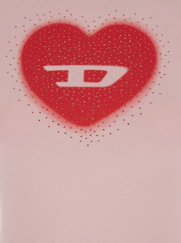DIESEL® Round Neck Cotton T-shirt With Embellished Heart Detail - Pink