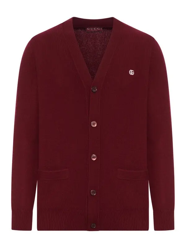 Gucci Burgundy Cashmere V-neck Cardigan With Double G Embroidery - Red