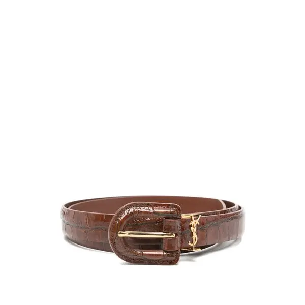 Saint Laurent Embossed Crocodile Effect Leather Belt With Gold-tone Logo Plaque - Brown
