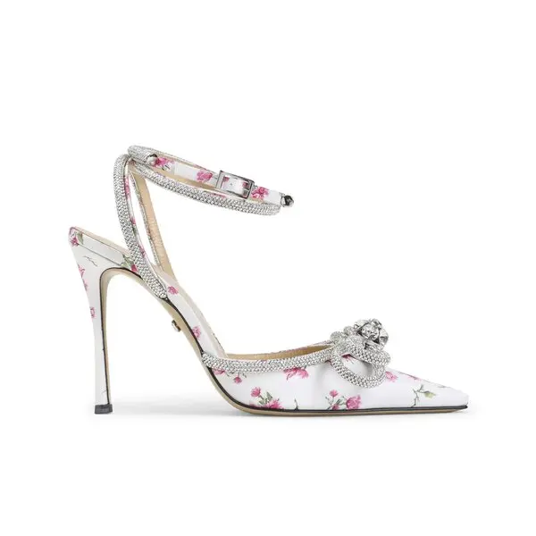 Mach & Mach Double Bow Floral Satin High Heel Sandals - Silver