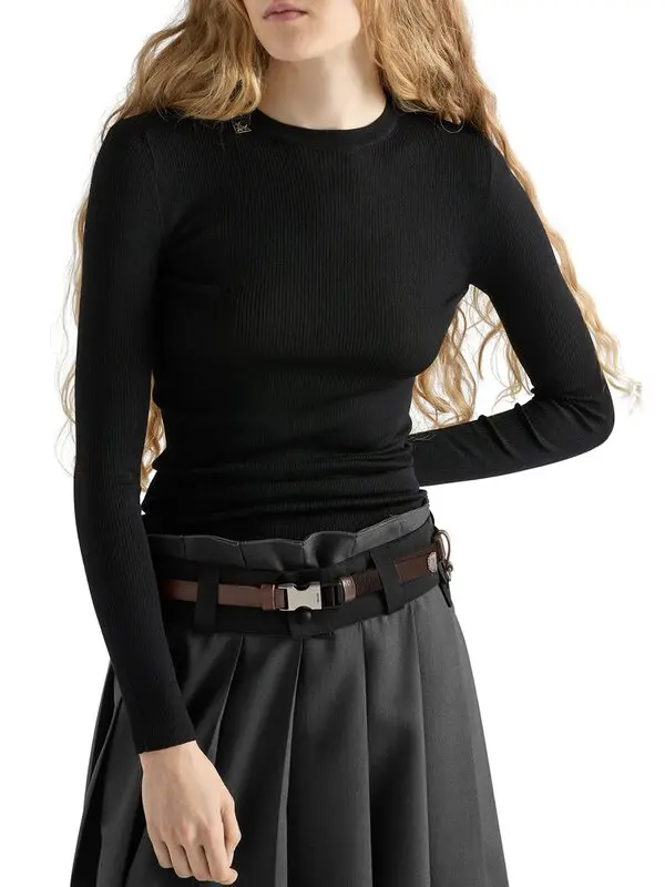 Prada Crew Neck Wool Sweater With Cutaway Shoulder