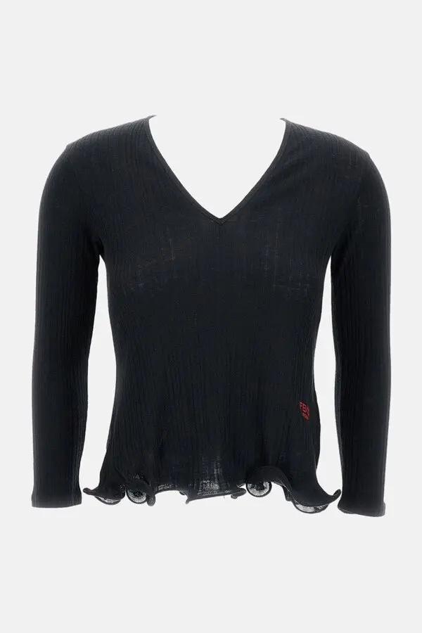 Fendi Rib Knit V-neck Long Sleeve Top With Scalloped Hem - Multicolor