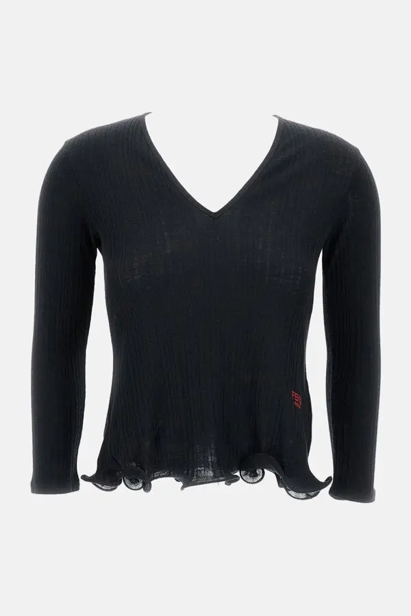 Fendi Rib Knit V-neck Long Sleeve Top With Scalloped Hem - Multicolor