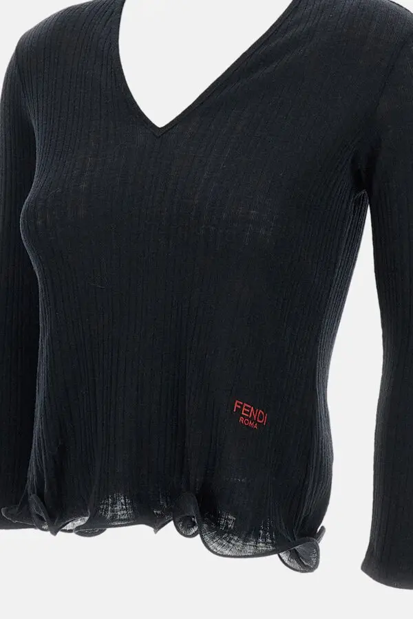 Fendi Rib Knit V-neck Long Sleeve Top With Scalloped Hem - Multicolor