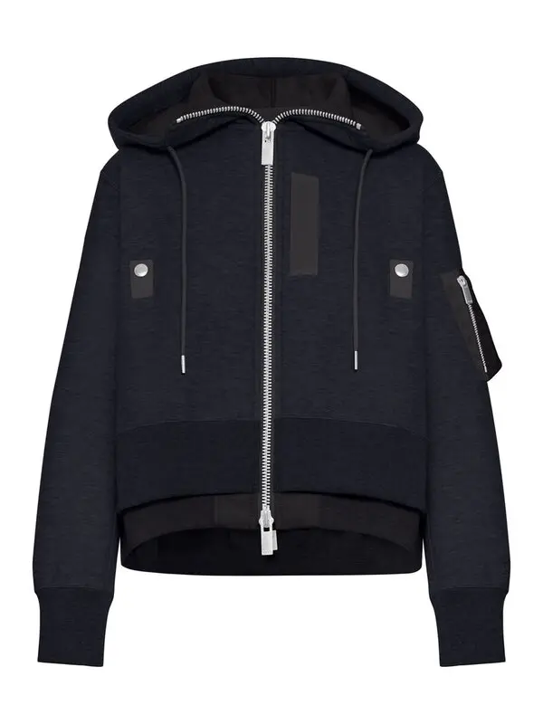 Sacai Cotton Blend Padded Hoodie With Asymmetric Hem And Drawstring - Black