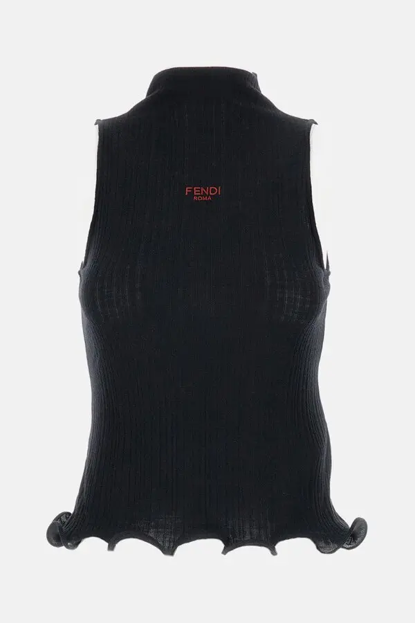 Fendi Sleeveless High Neck Ribbed Top With Ruffle Hem - Multicolor