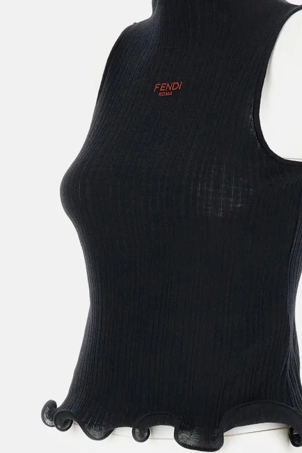 Fendi Sleeveless High Neck Ribbed Top With Ruffle Hem - Multicolor