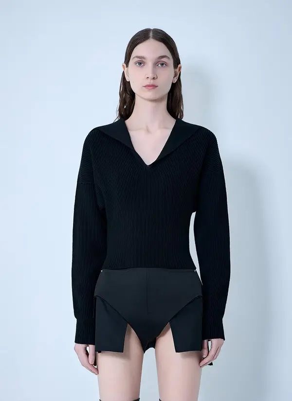 Rick Owens Ribbed V-neck Cropped Sweater - Black
