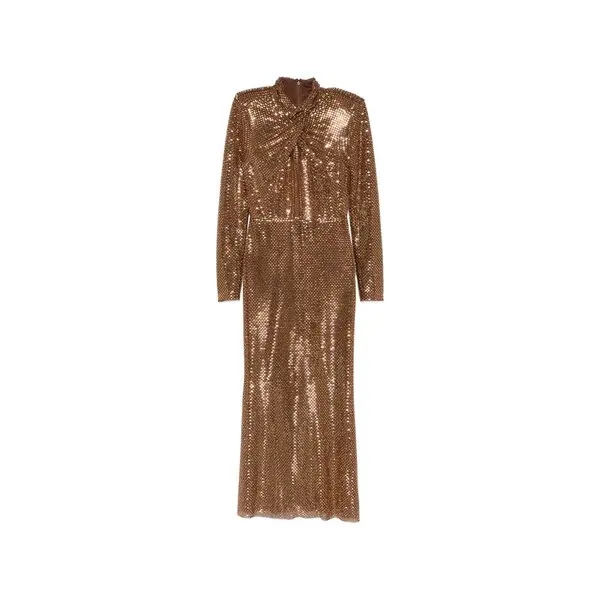 SELF-PORTRAIT Ruched V-neck Sleeveless Evening Dress - Brown