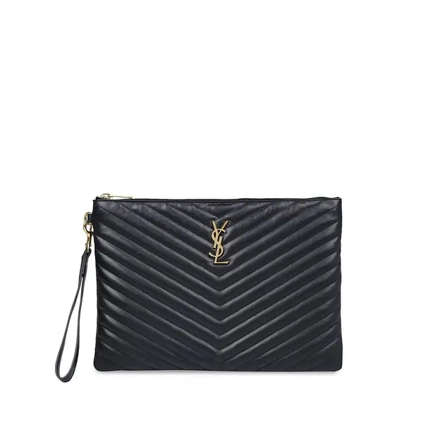 Saint Laurent Leather Quilted Logo Clutch - Black