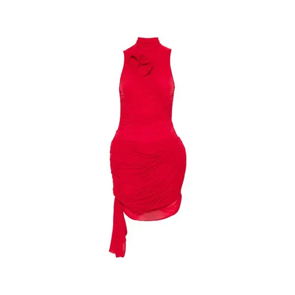 Magda Butrym Sleeveless High Neck Ruched Dress With Flower Detail - Red
