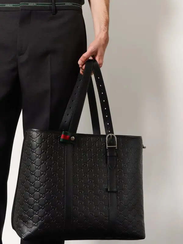 Gucci Gg Emblem Leather Shopping Bag With Embossed Gg Motif - Black