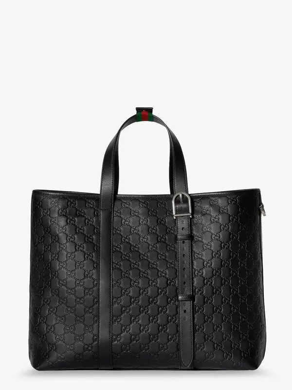 Gucci Gg Emblem Leather Shopping Bag With Embossed Gg Motif - Black