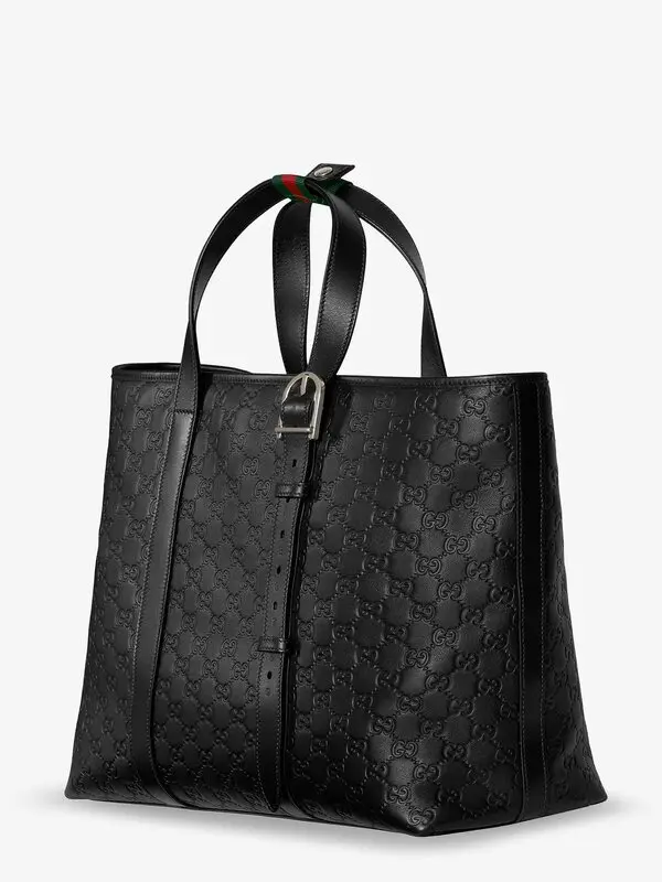 Gucci Gg Emblem Leather Shopping Bag With Embossed Gg Motif - Black