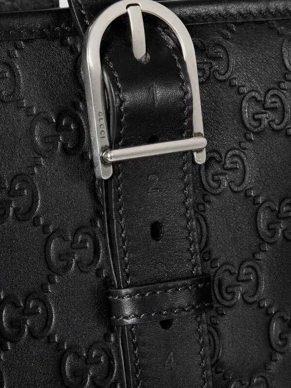 Gucci Gg Emblem Leather Shopping Bag With Embossed Gg Motif - Black