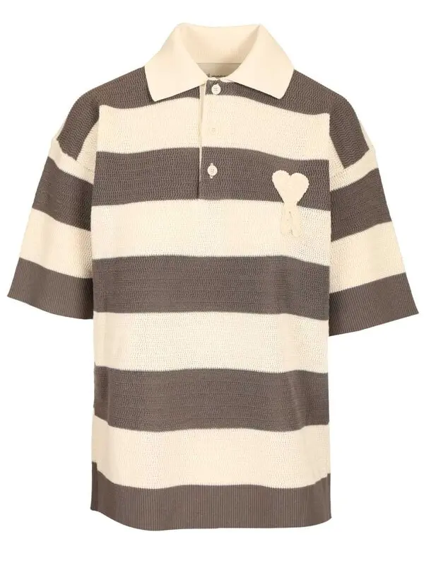 AMI Paris Striped Polo With De Coeur Patch - Multicolor