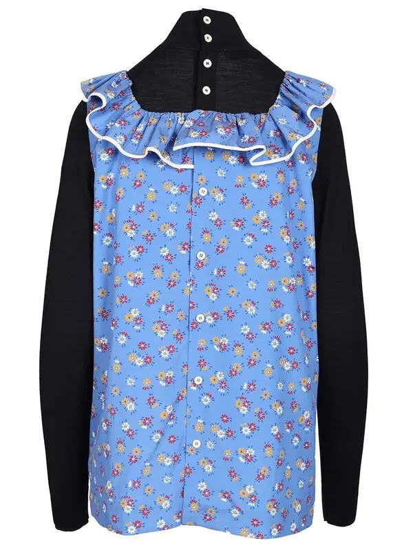 Miu Miu Poplin And Wool Layered Sweater With Ruffle Detail - Multicolor
