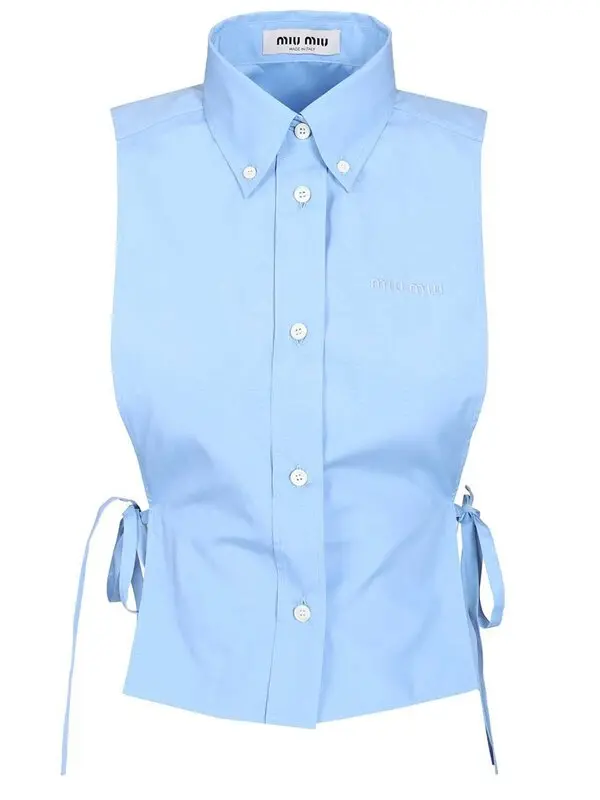Miu Miu Sleeveless Cotton Shirt With Embroidered Logo - Blue