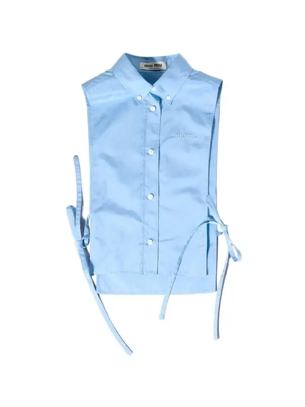 Miu Miu Sleeveless Cotton Shirt With Embroidered Logo - Blue
