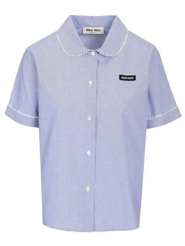 Miu Miu Micro Vichy Cotton Poplin Shirt With Lace Detail