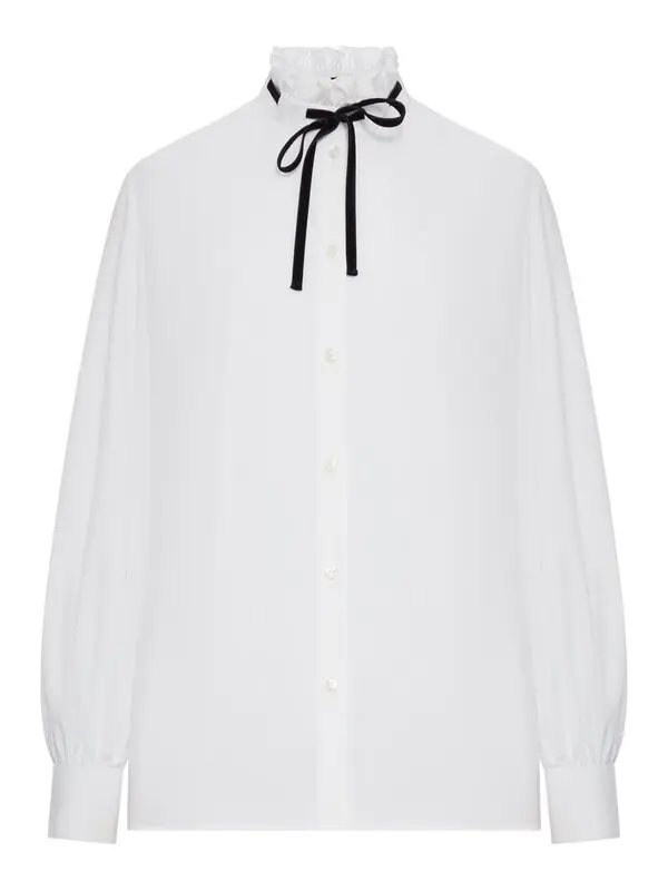 Valentino Garavani Poplin Shirt With Ruffled Collar And Black Ribbon Detail - White