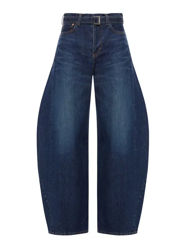 Sacai Wide Leg Belted Jeans In Medium Denim - Blue