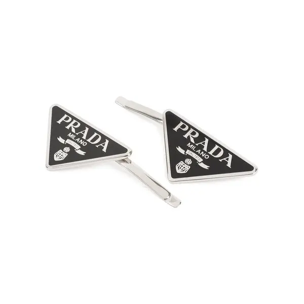 Prada Brass Hair Pin With Enameled Logo - Black