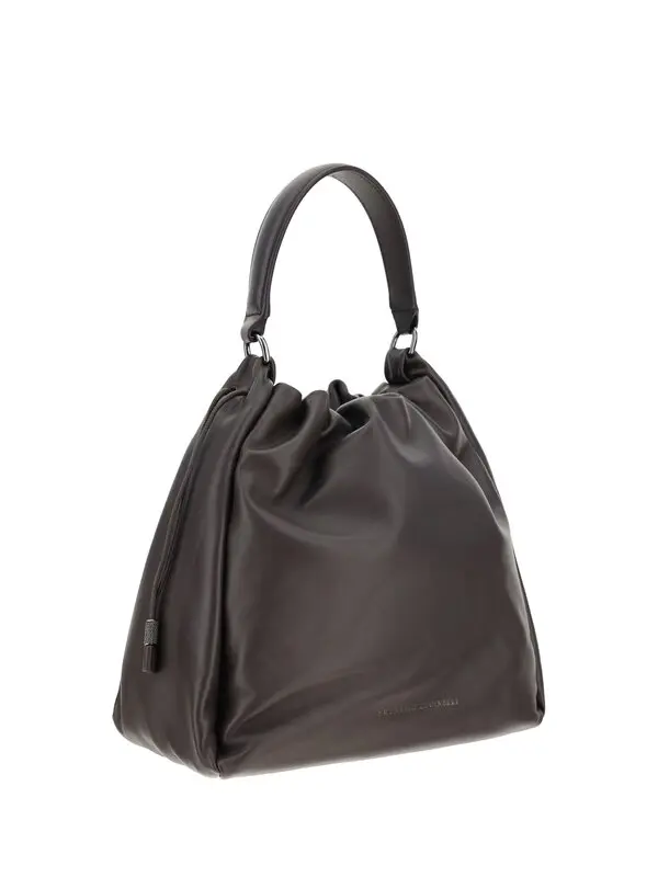 Brunello Cucinelli Leather Shoulder Bag With Drawstring Closure - Brown