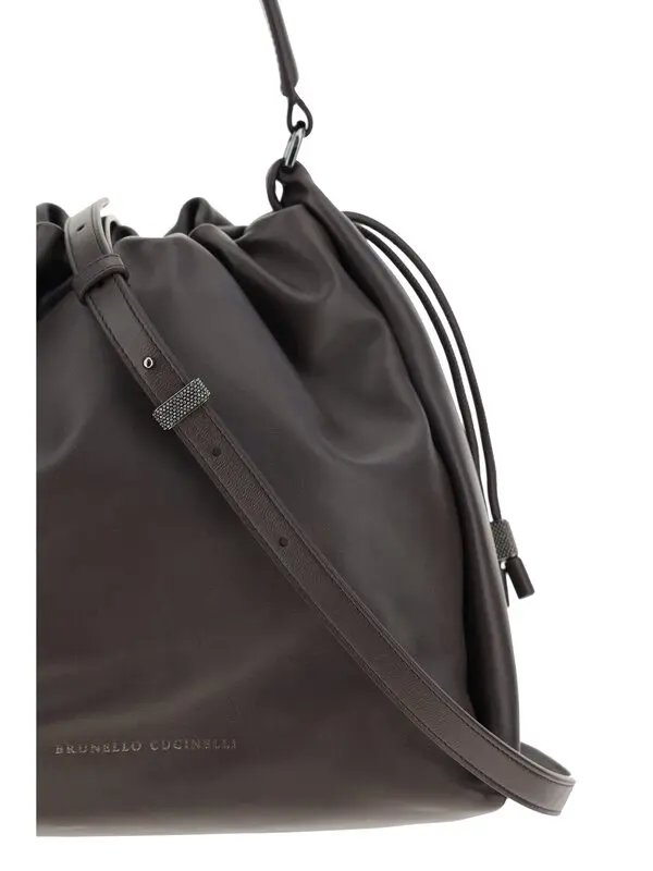 Brunello Cucinelli Leather Shoulder Bag With Drawstring Closure - Brown