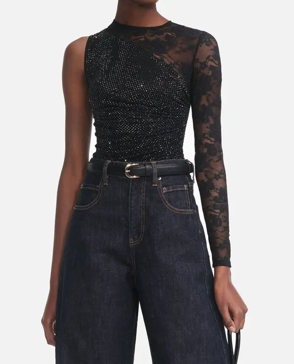 SELF-PORTRAIT Asymmetrical Rhinestone And Lace Top - Multicolor