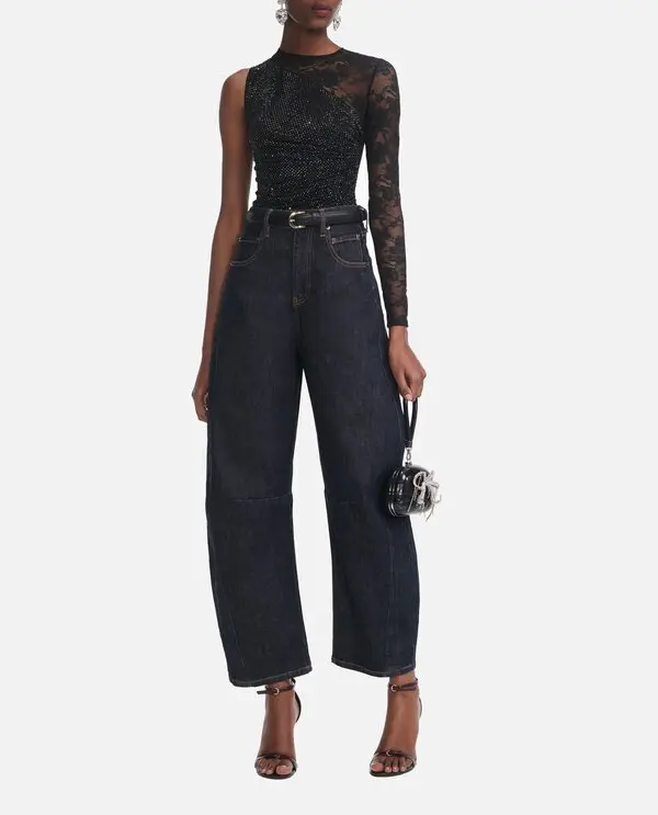 SELF-PORTRAIT Asymmetrical Rhinestone And Lace Top - Multicolor