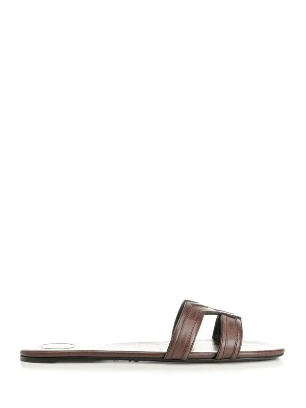 Saint Laurent Mabrouka Leather Sandals With Gold Tone Logo Plaques - Brown