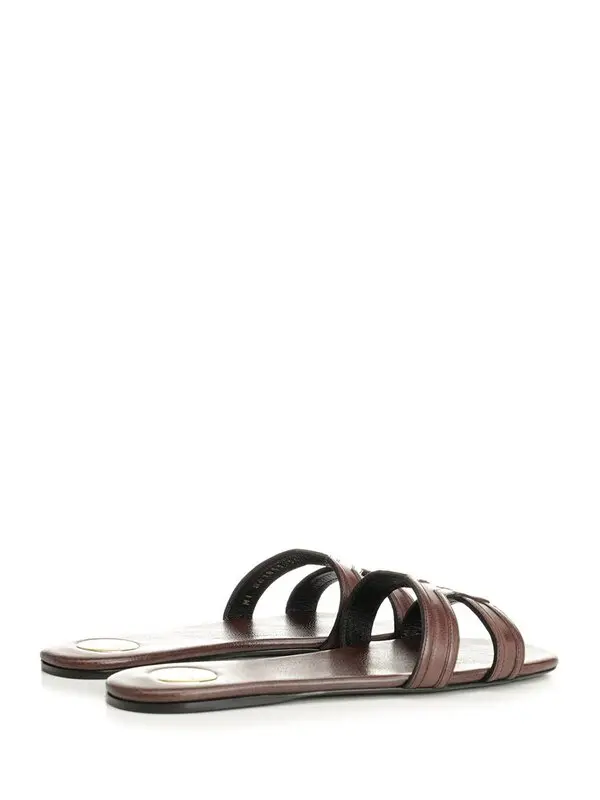 Saint Laurent Mabrouka Leather Sandals With Gold Tone Logo Plaques - Brown