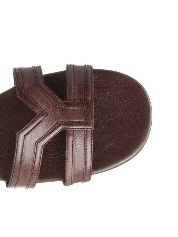 Saint Laurent Mabrouka Leather Sandals With Gold Tone Logo Plaques - Brown
