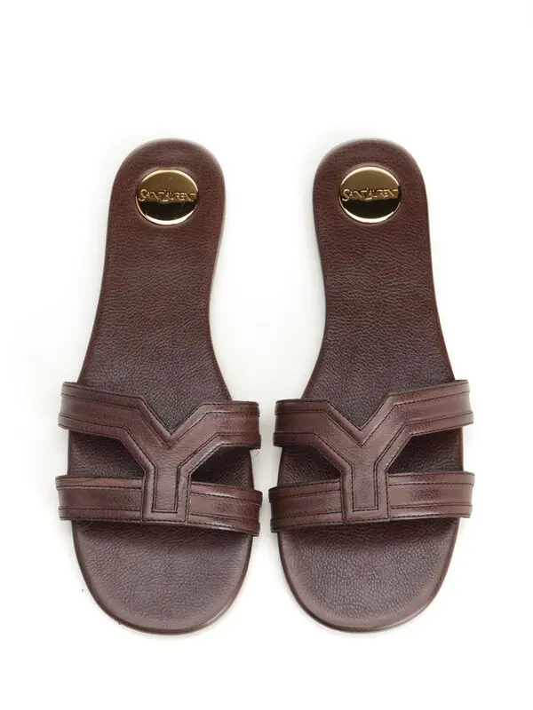 Saint Laurent Mabrouka Leather Sandals With Gold Tone Logo Plaques - Brown