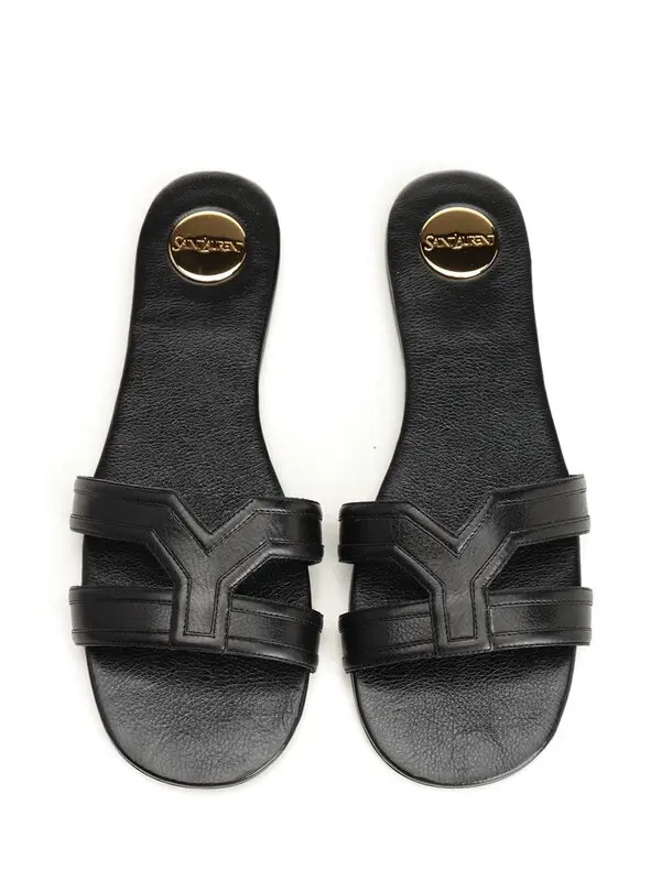 Saint Laurent Mabrouka Leather Sandals With Gold Tone Logo Plaques - Black