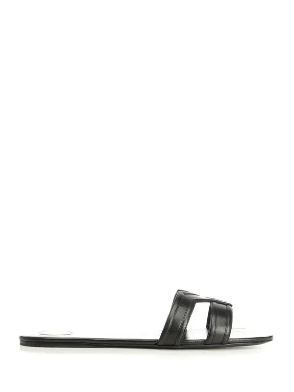 Saint Laurent Mabrouka Leather Sandals With Gold Tone Logo Plaques - Black