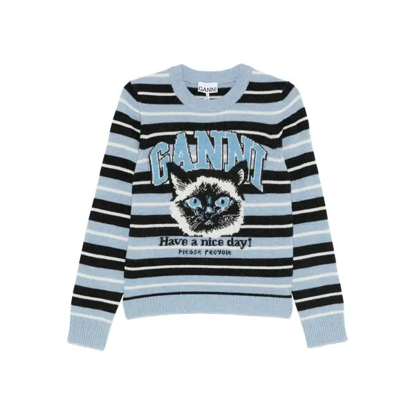 GANNI Striped Wool Blend Sweater With Cat Graphic - Blue