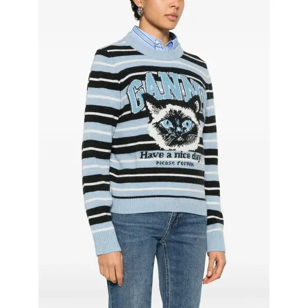 GANNI Striped Wool Blend Sweater With Cat Graphic