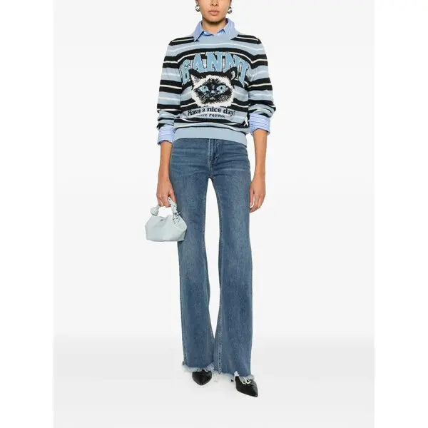 GANNI Striped Wool Blend Sweater With Cat Graphic - Blue