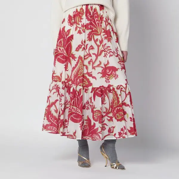 Etro White Cotton Floral Print Full Skirt - Red
