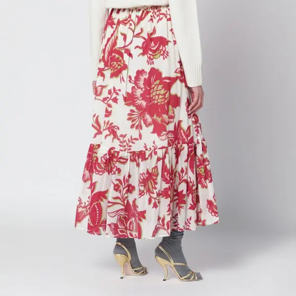 Etro White Cotton Floral Print Full Skirt - Red