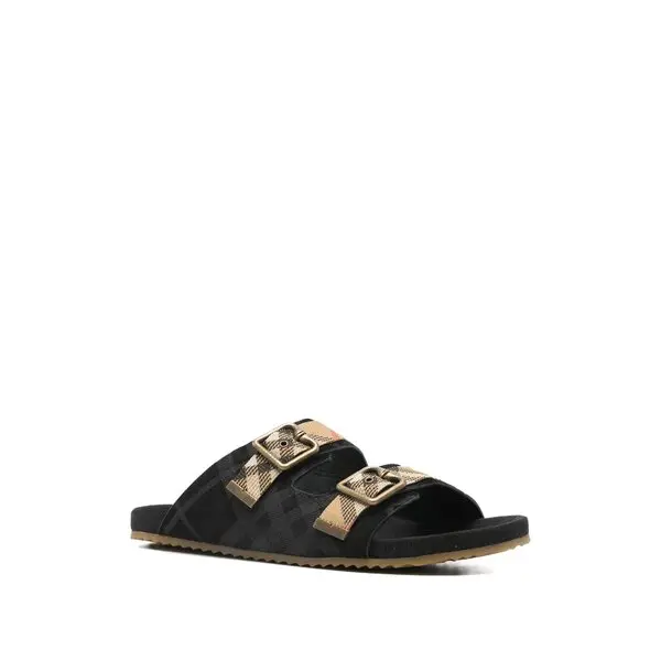 Burberry Checked Double Buckle Strap Sandals - Black
