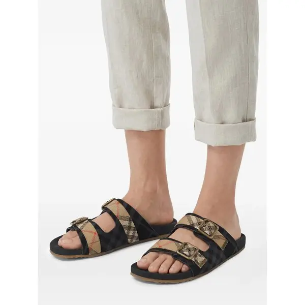 Burberry Checked Double Buckle Strap Sandals - Black
