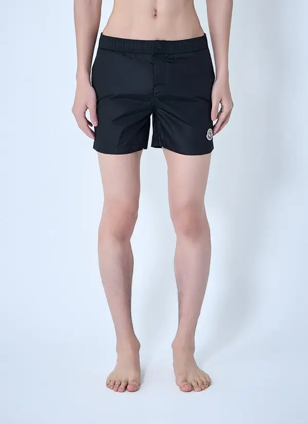 Moncler Elastic Waist Swim Shorts With Logo Detail - Black