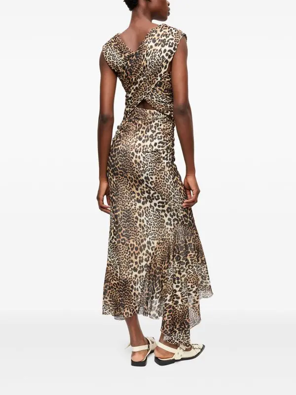 GANNI Leopard Print Sleeveless V-neck Asymmetric Hem Midi Dress
