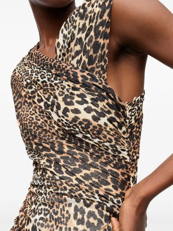 GANNI Leopard Print Sleeveless V-neck Asymmetric Hem Midi Dress
