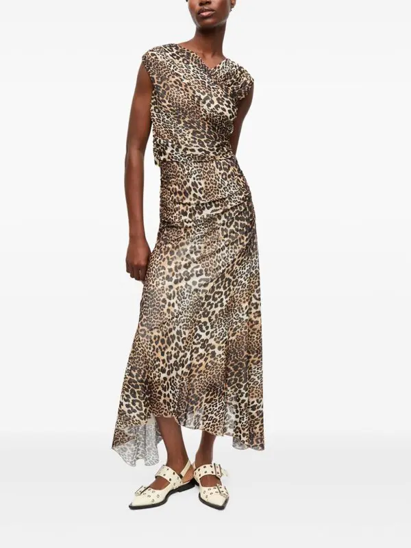 GANNI Leopard Print Sleeveless V-neck Asymmetric Hem Midi Dress