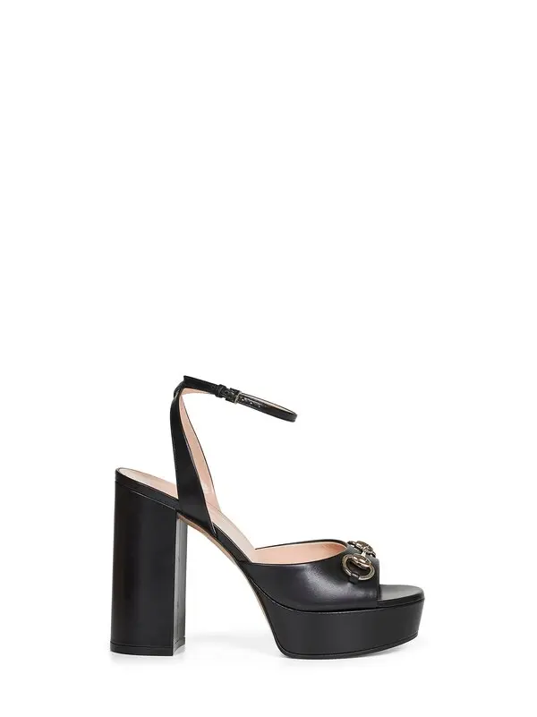 Gucci Black Leather Platform Sandals With Horsebit Detail - Multicolor